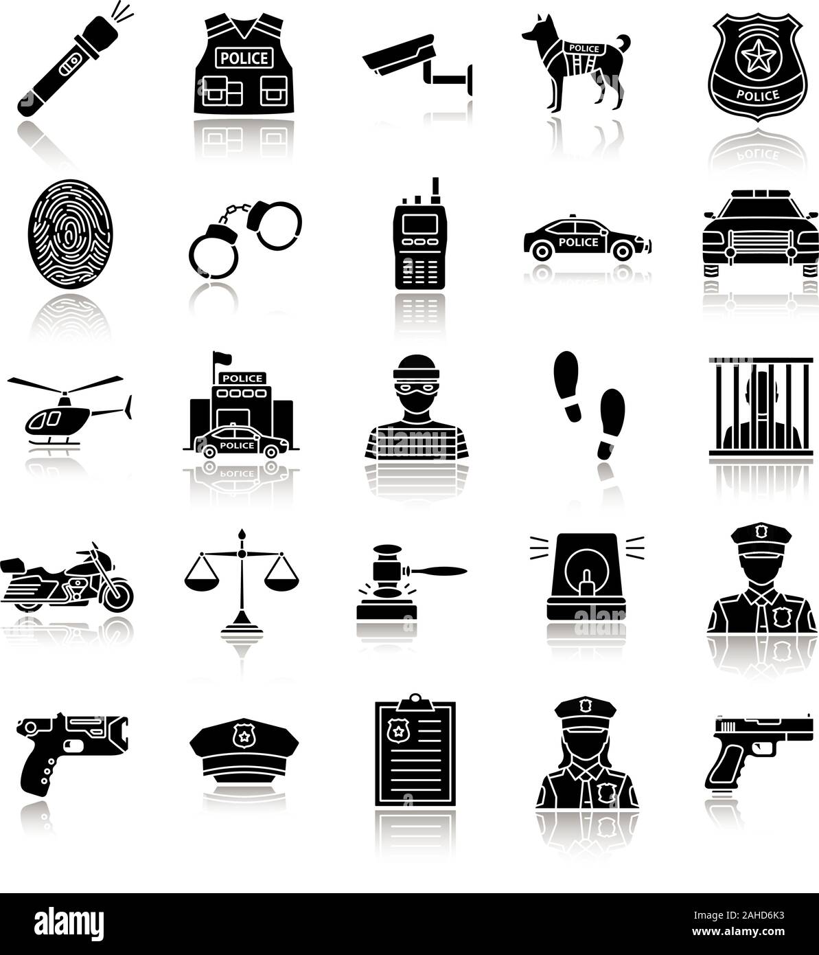 Police drop shadow black glyph icons set. Law enforcement. Transport ...