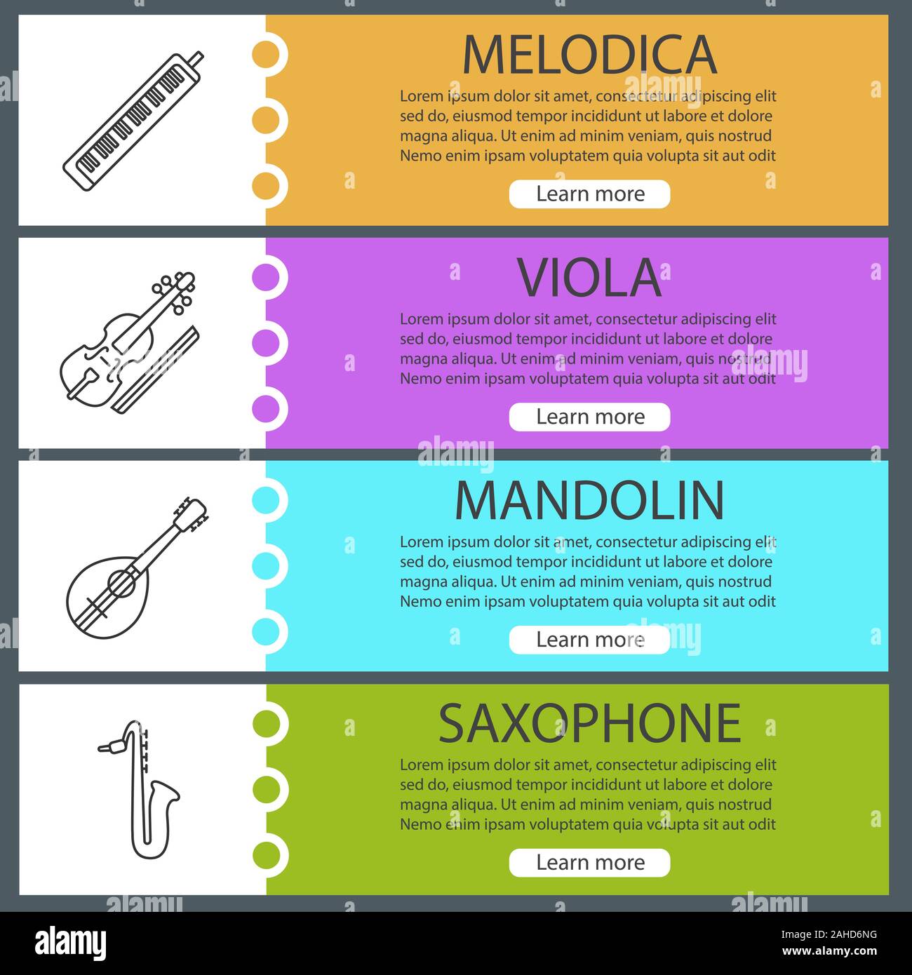 Musical instruments web banner templates set. Melodica, viola, mandolin ...