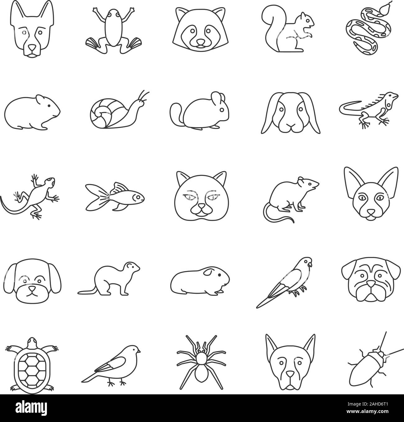 Pets linear icons set. Exotic animals. Rodents, birds, reptiles ...