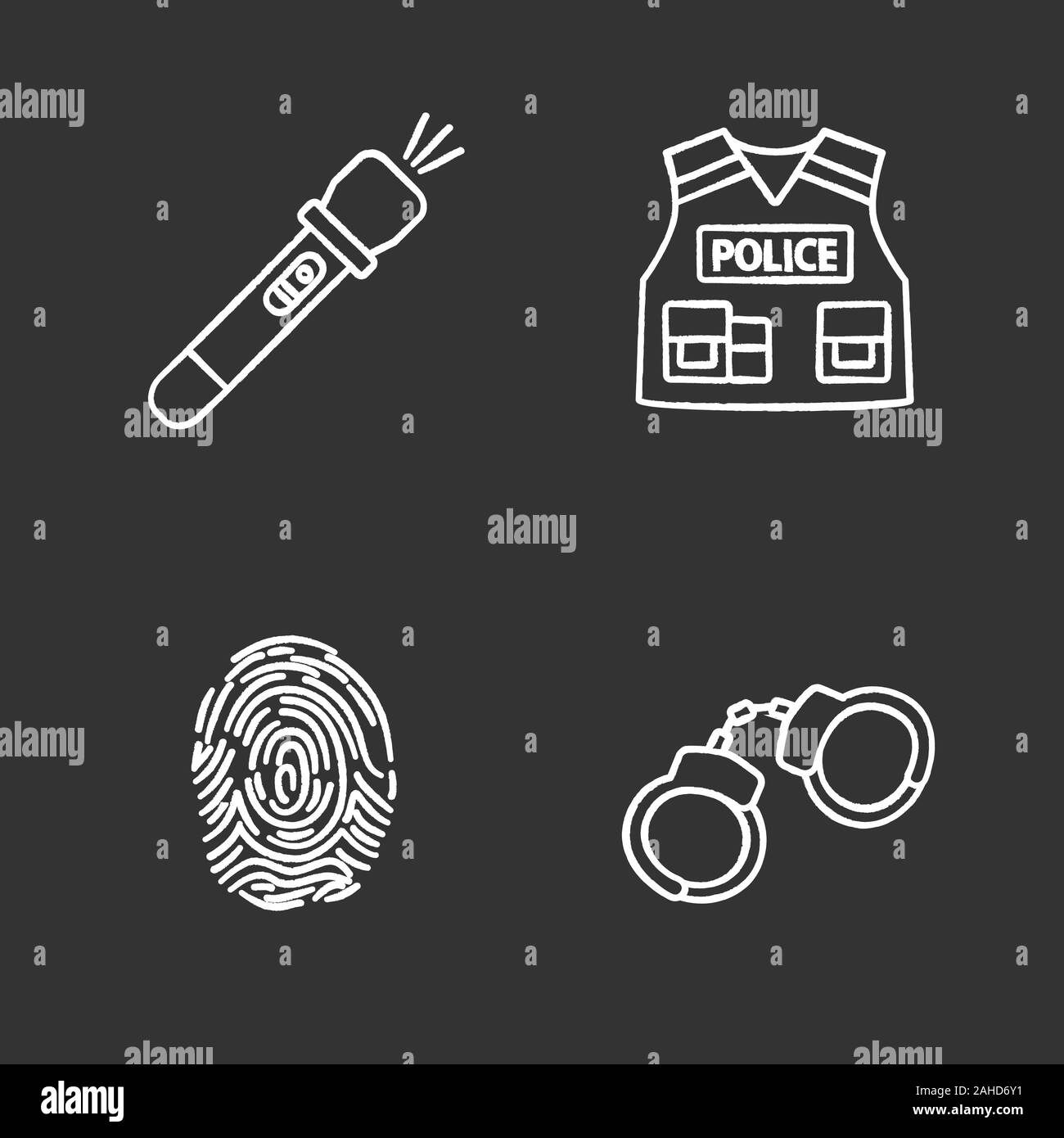 Police chalk icons set. Flashlight, bulletproof vest, fingerprint ...