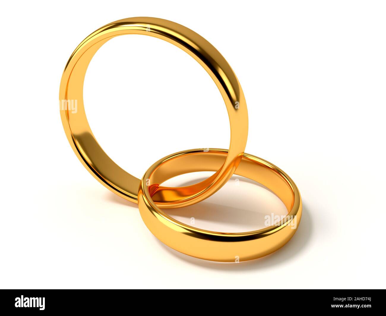 Illustration of two wedding gold rings lie in each other. 3d rendering ...