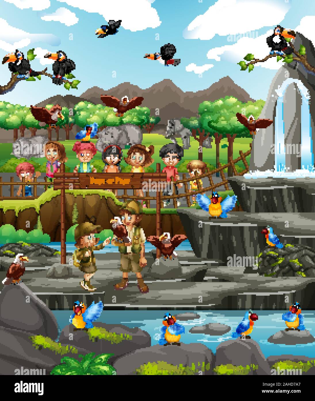 Scene with animals and many kids at the zoo illustration Stock Vector ...