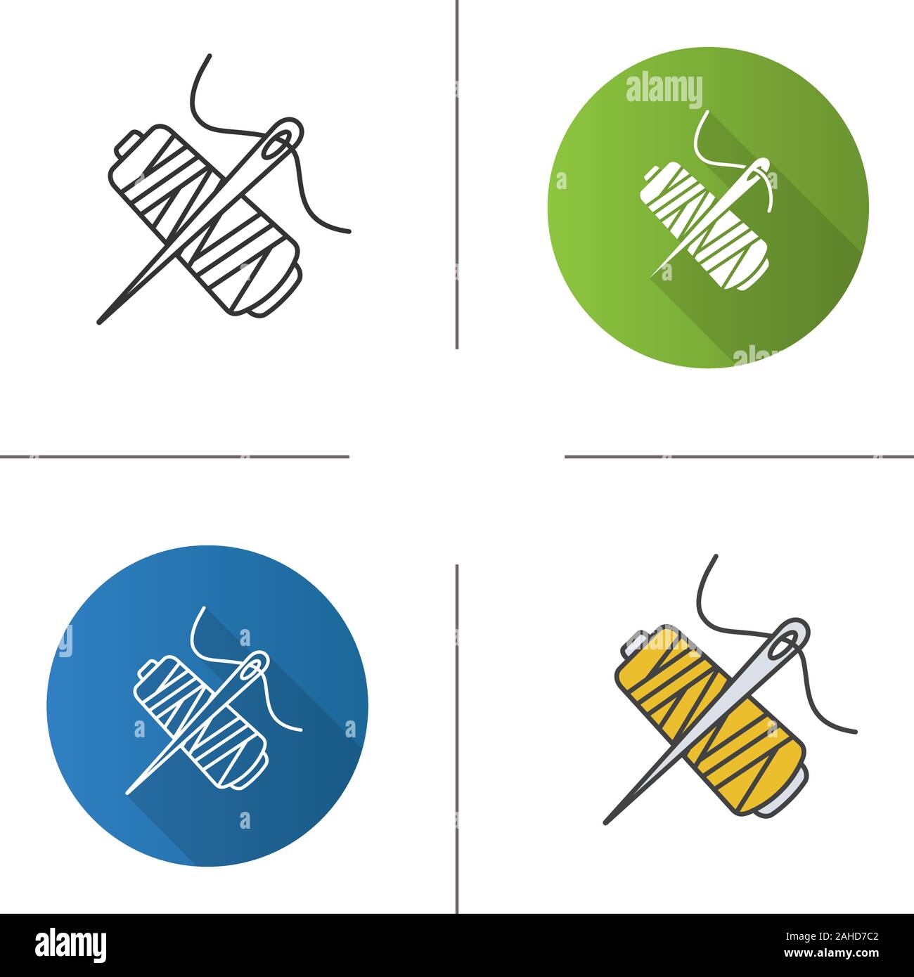 Sewing needle with thread spool icon. Flat design, linear and color ...