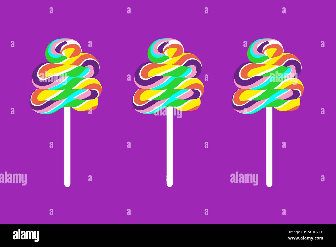 Three colored lollipops side by side in front of violet background ...