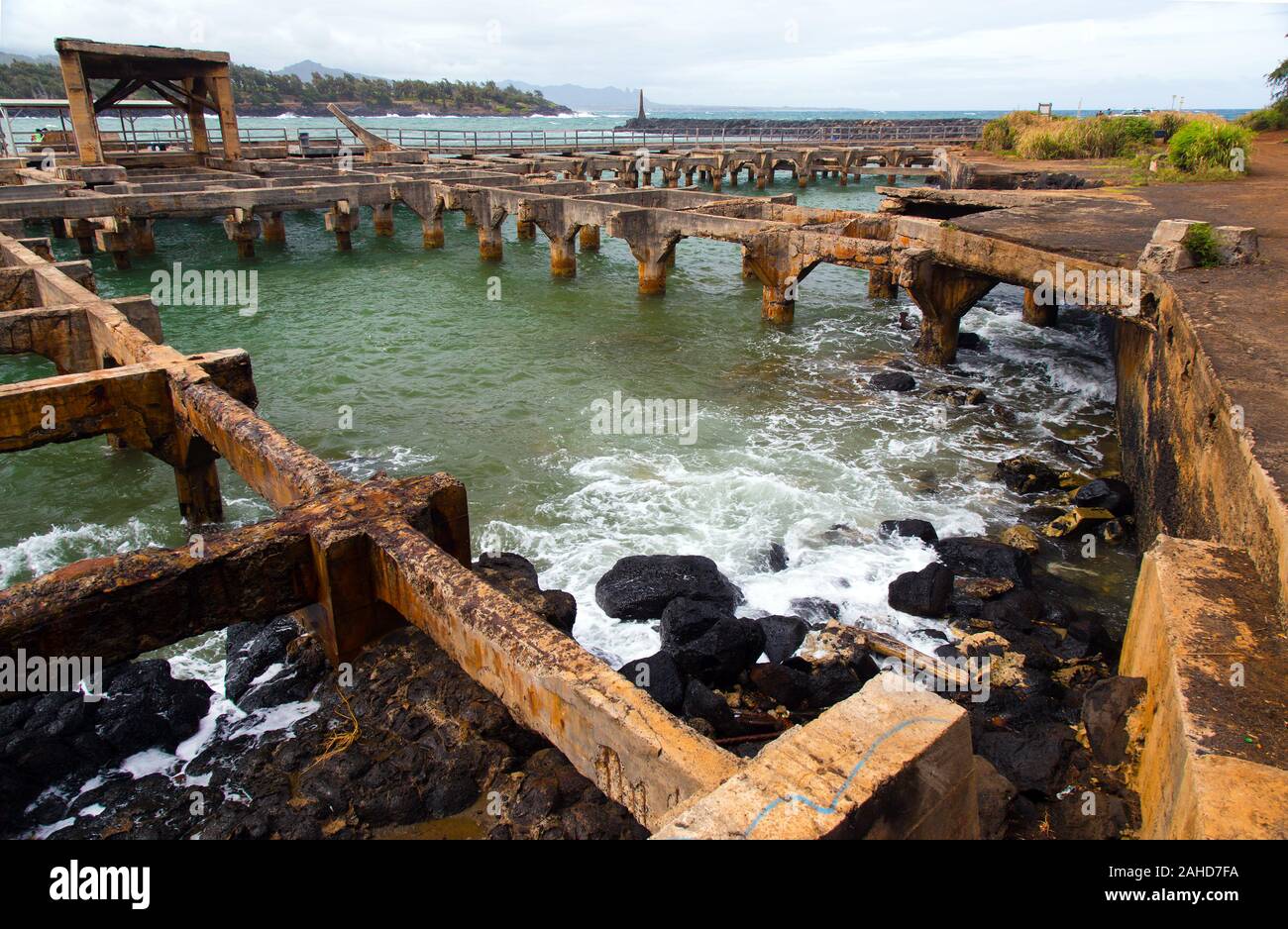 Remnants of the dock at Ahukini Landing on the island of Kauai, Hawaii ...