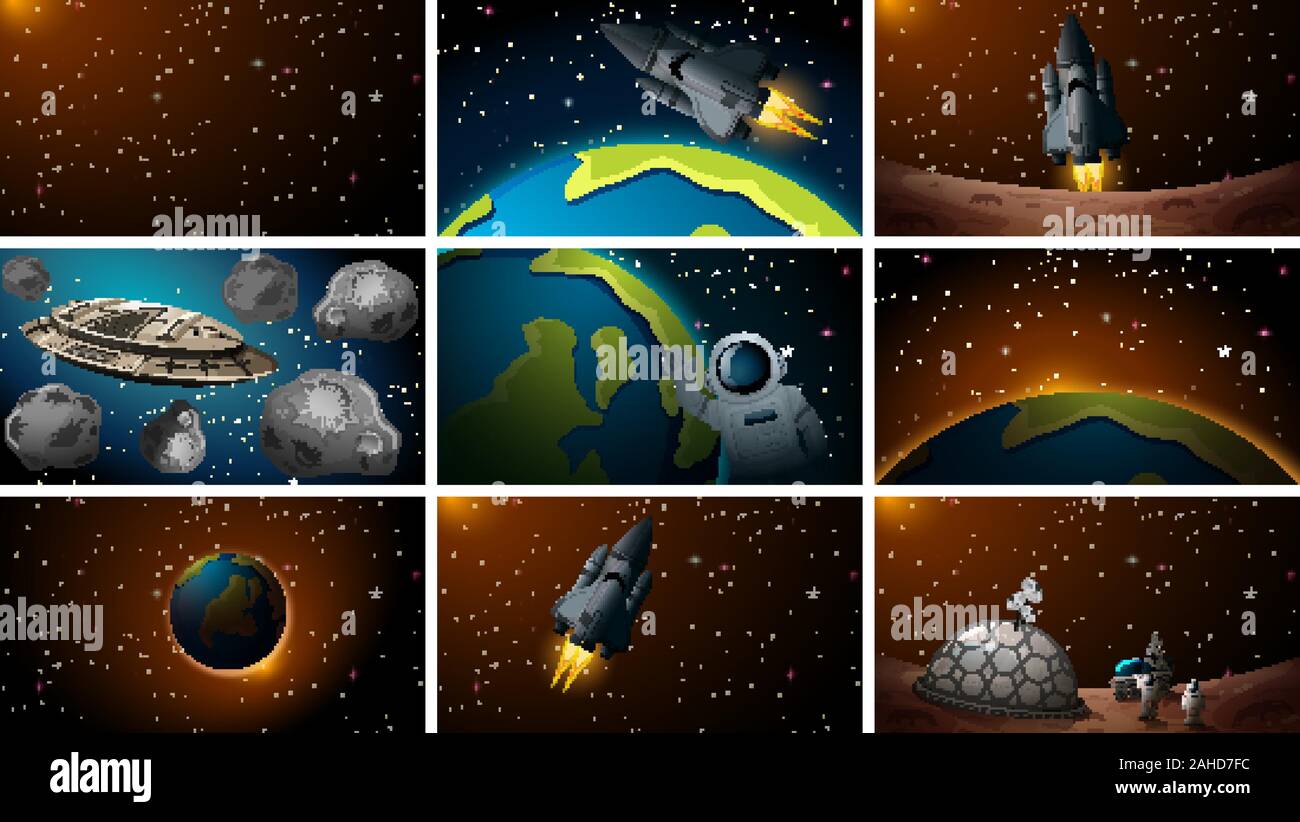 Set of different space and rocket scenes illustration Stock Vector ...