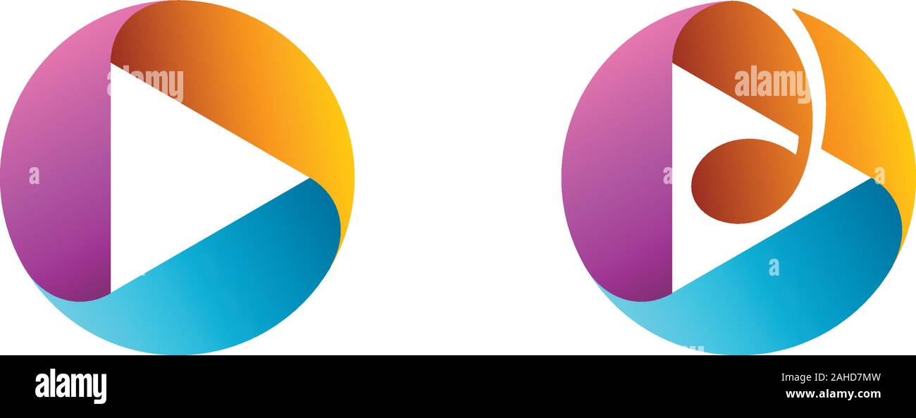 Three dimensional play key icons with music note. Colorful musical logo design Stock Vector ...