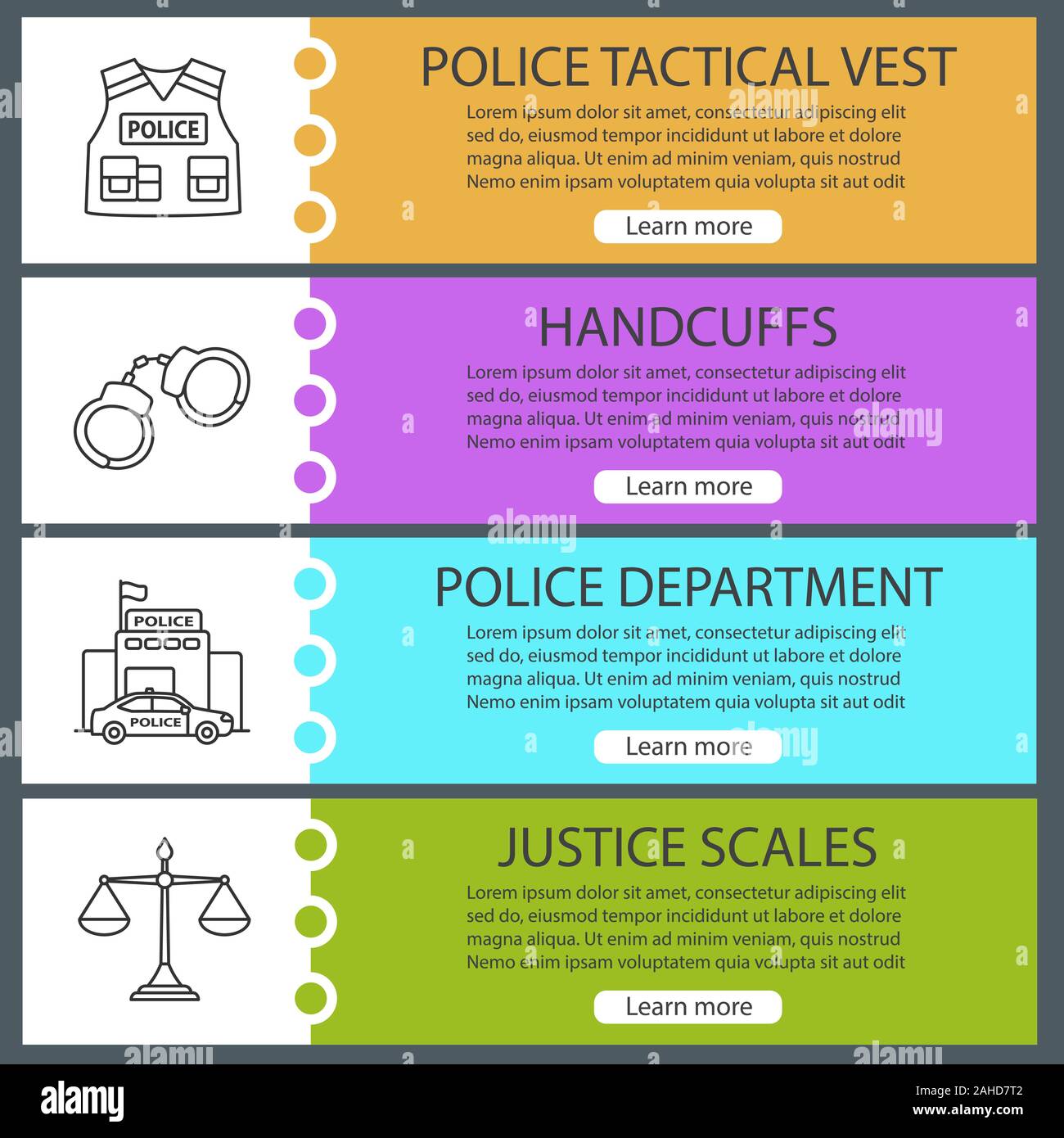 Police web banner templates set. Bulletproof vest, handcuffs, police ...