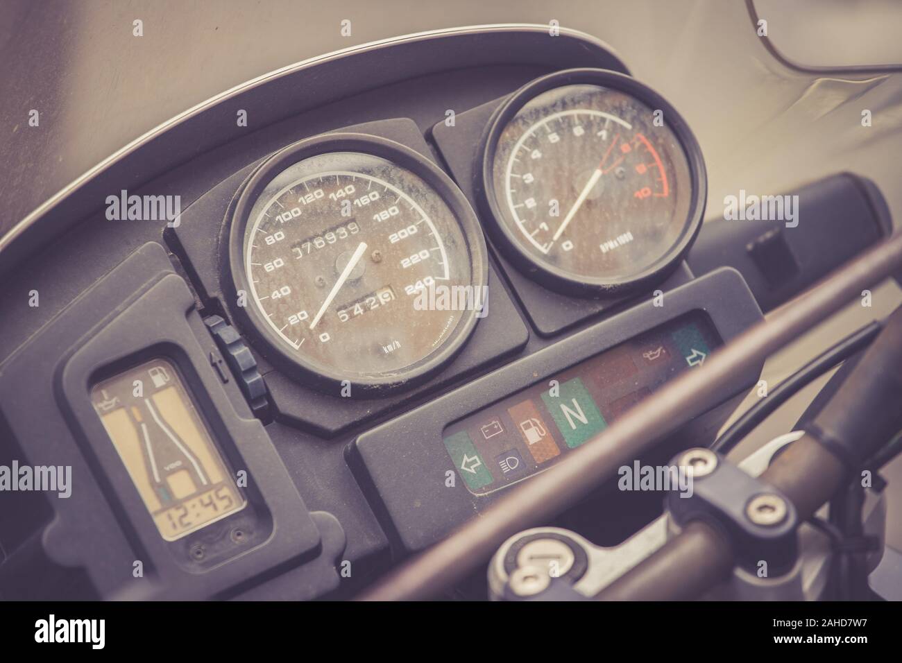 Close up of a vintage motorcycle dashboard, road trip Stock Photo - Alamy