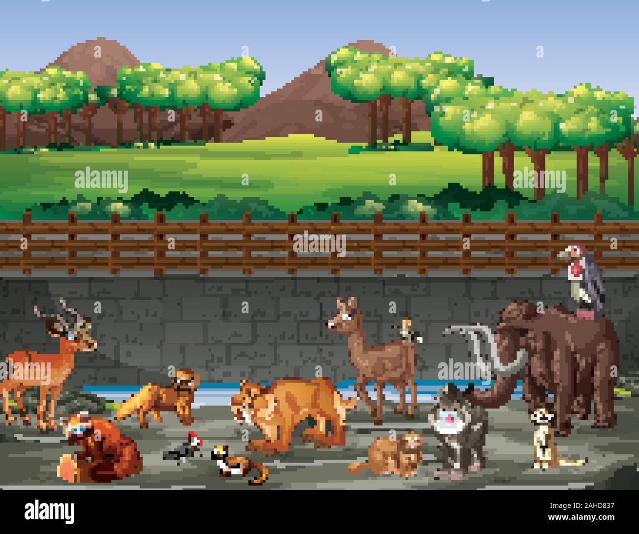 Scene with many animals at the zoo illustration Stock Vector Image ...