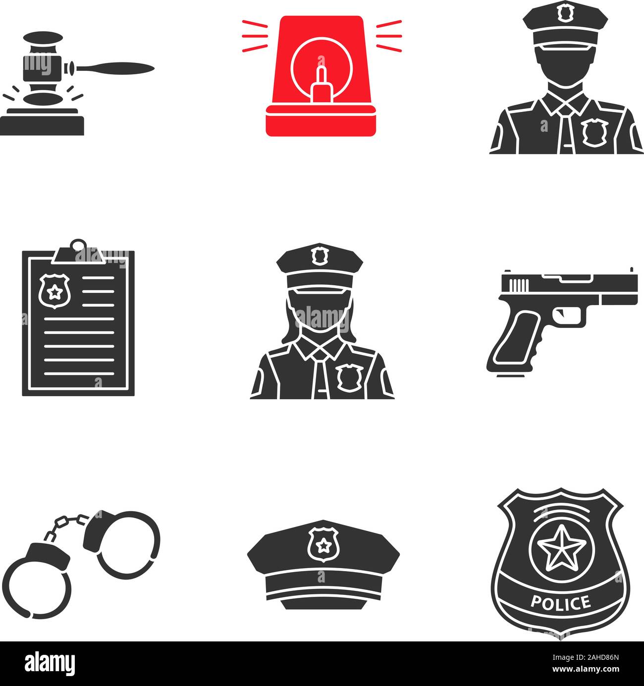 Police glyph icons set. Gavel, alarm, policeman, report, gun, handcuffs ...