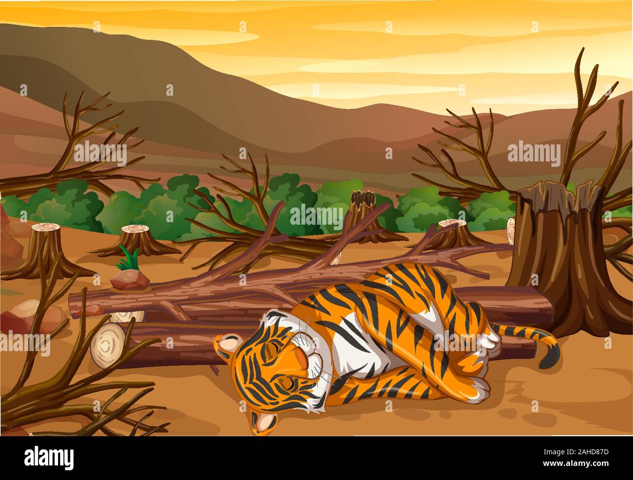 Scene with tiger and deforestation illustration Stock Vector Image ...