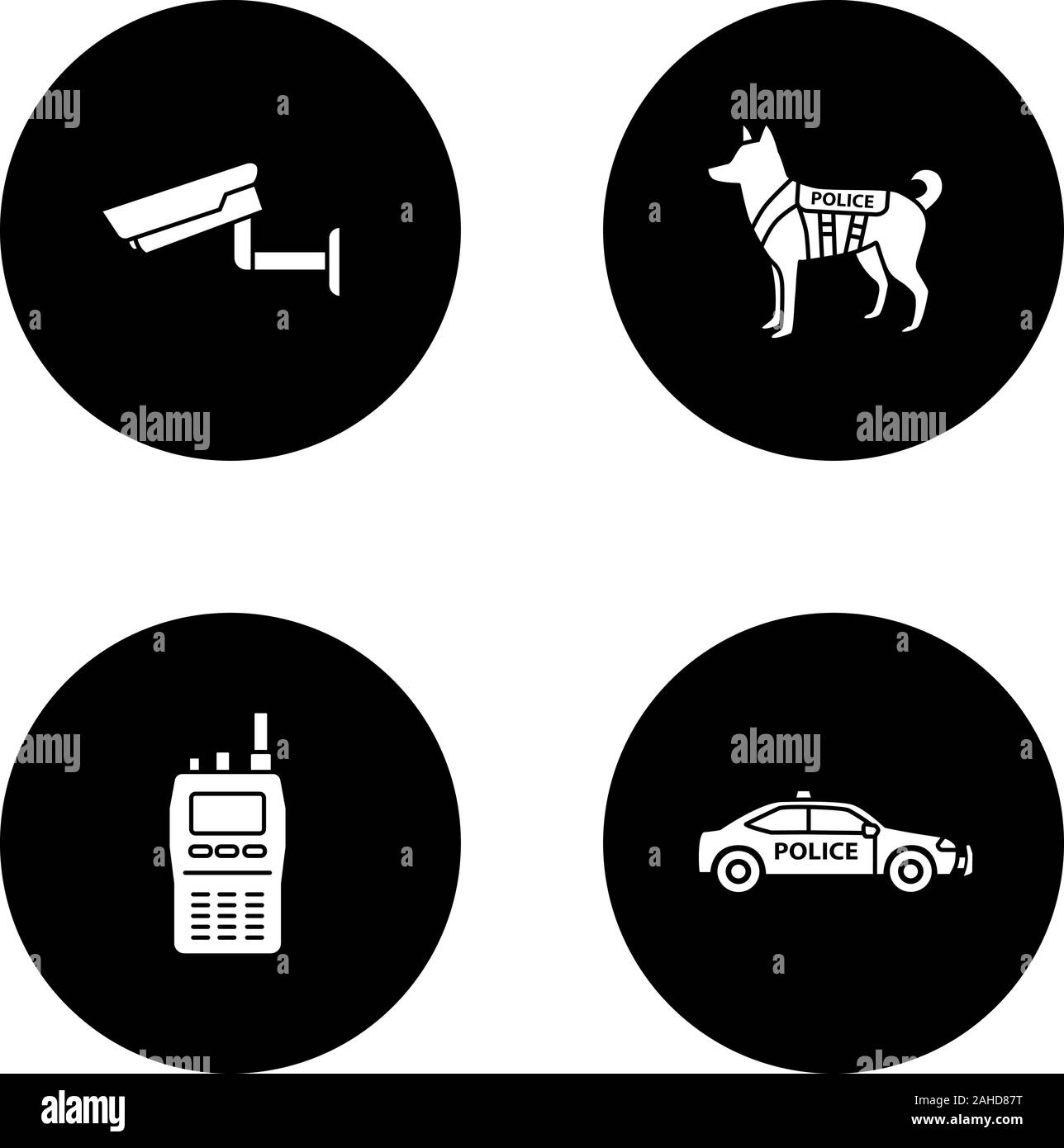 Police glyph icons set. Surveillance camera, military dog, walkie ...