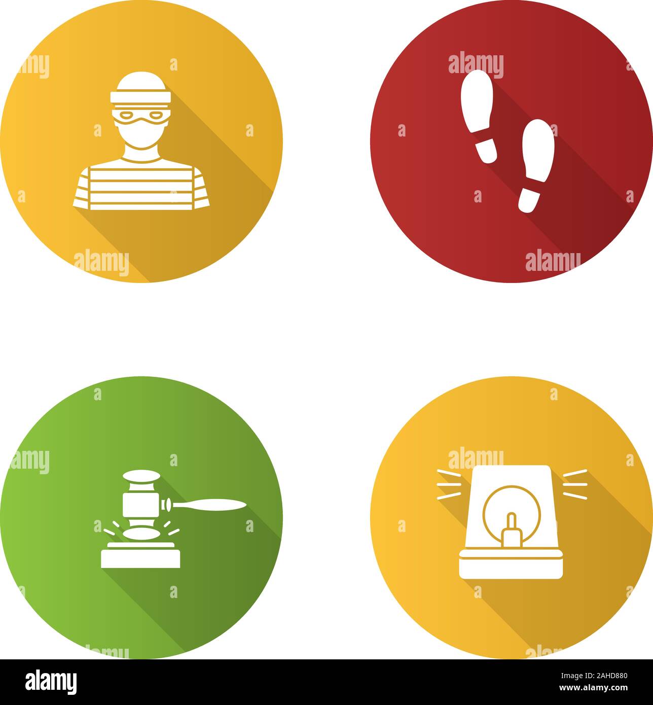 Police flat design long shadow glyph icons set. Robber, footprints ...