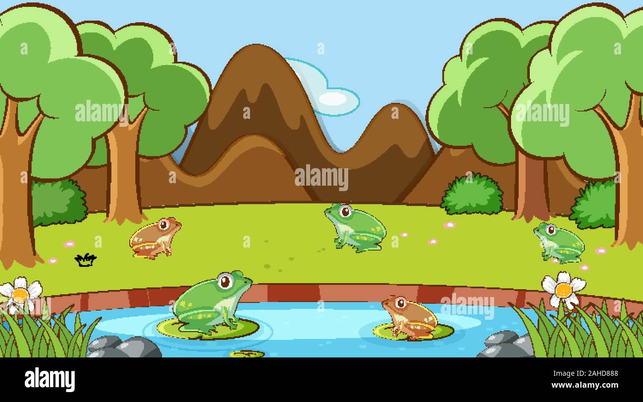 Scene with many frogs by the pond illustration Stock Vector Image & Art ...