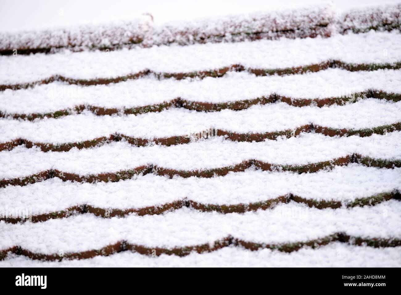 Pattern of a closeup of a roof with plane tiles covered with a thin ...