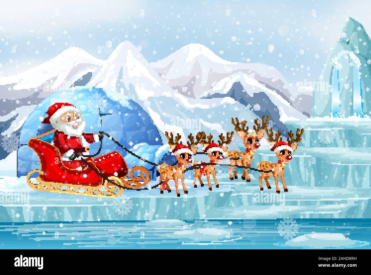Scene with Santa and reindeer on sleigh illustration Stock Vector Image ...