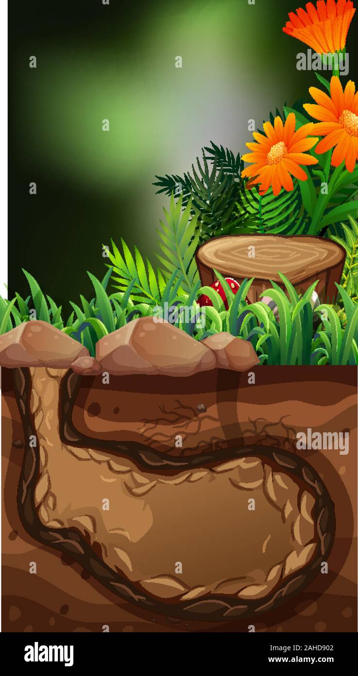 Nature scene with flowers and hole underground illustration Stock ...