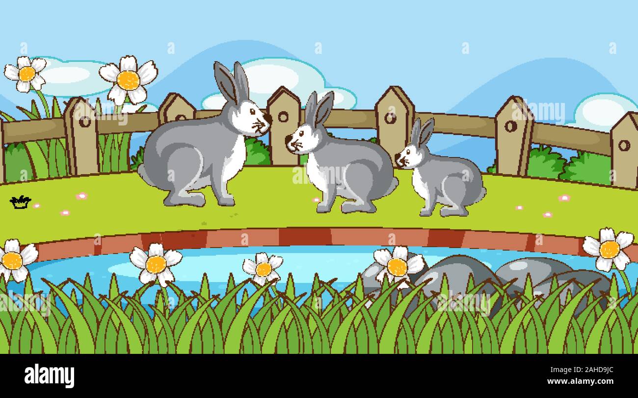 Scene with rabbits in the garden illustration Stock Vector Image & Art ...