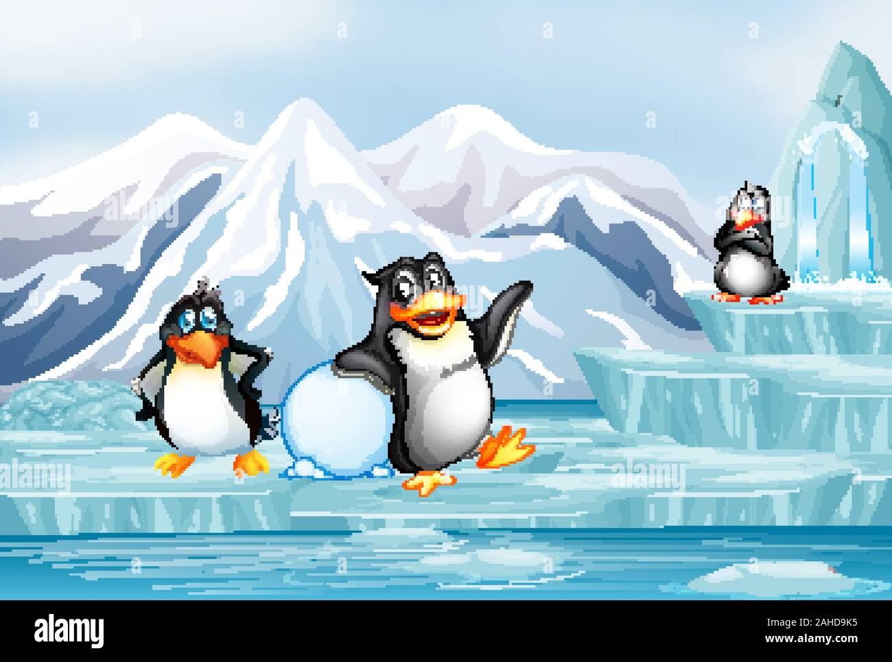 Scene with three penguins on ice illustration Stock Vector Image & Art ...