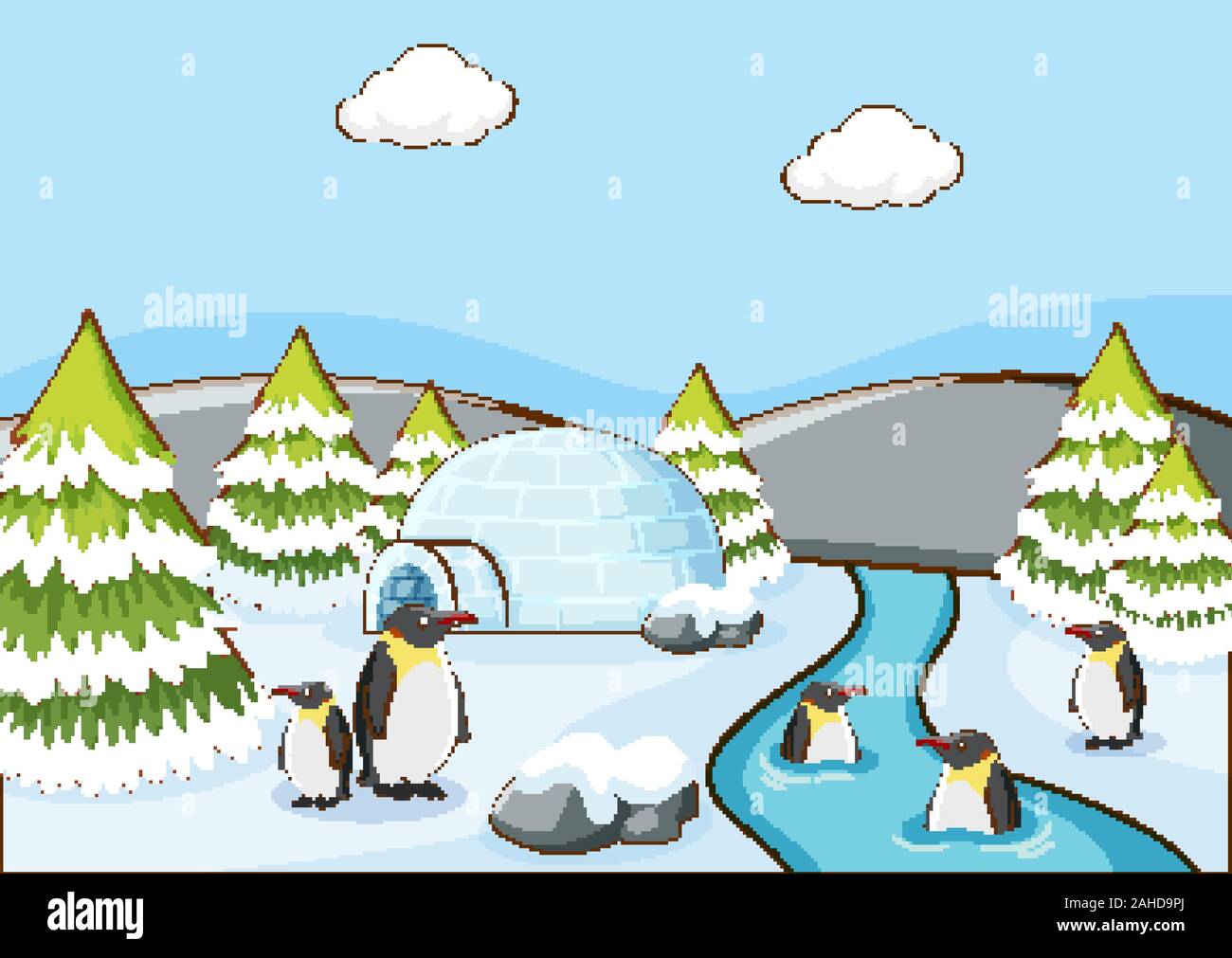 Scene with penguins in winter illustration Stock Vector Image & Art - Alamy