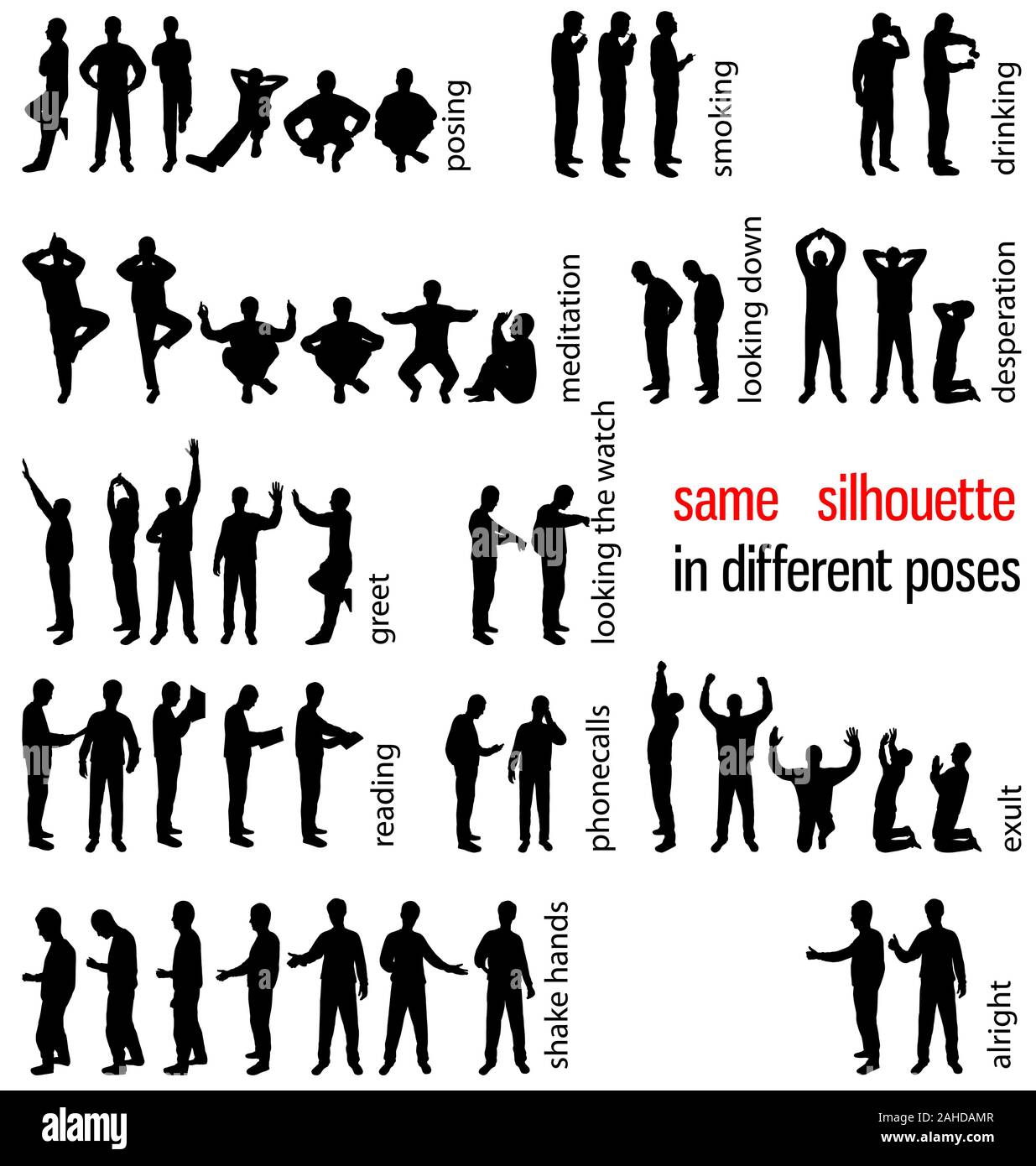 same silhouette in different poses and activities Stock Vector Image ...