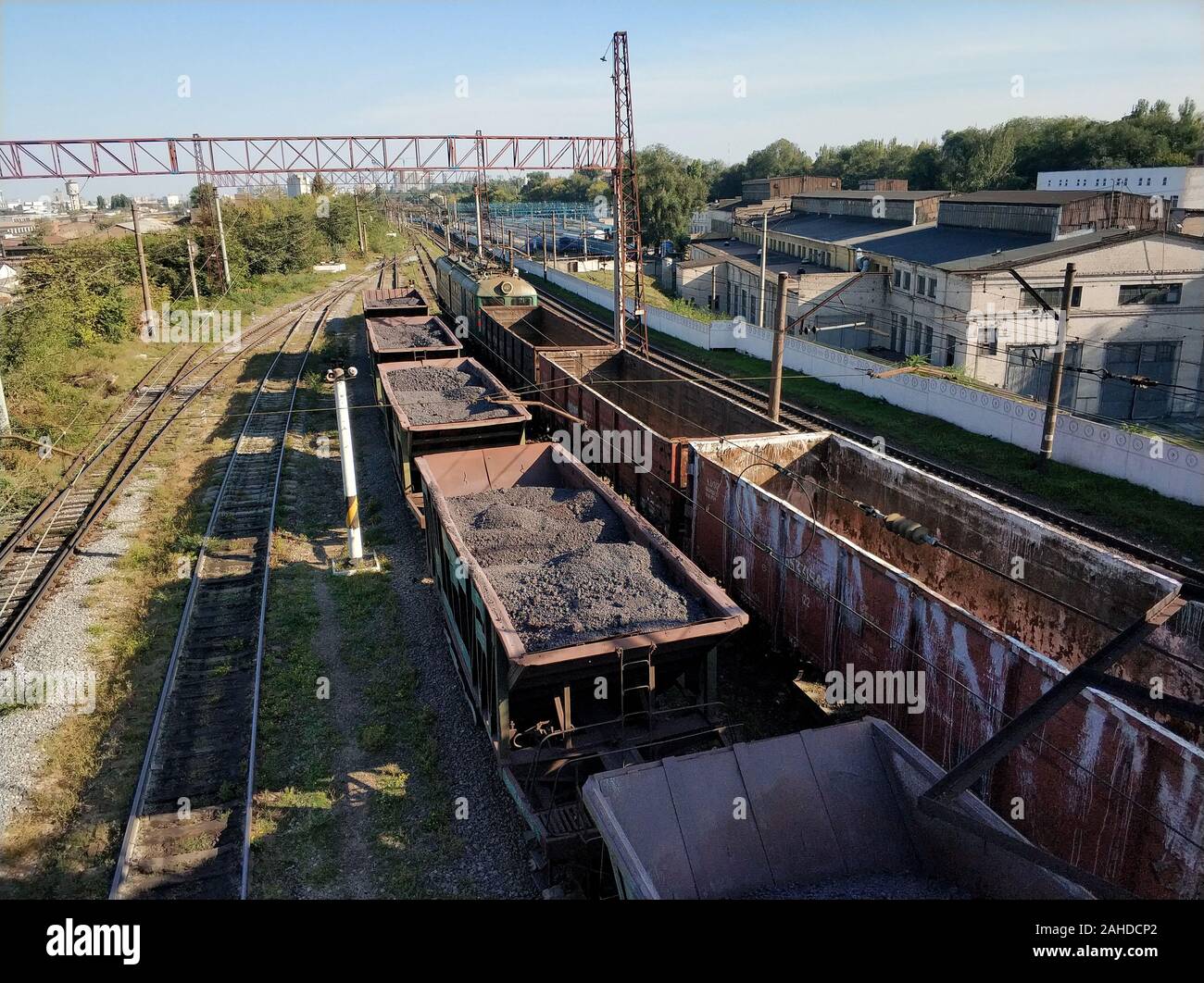 Railway. Freight wagons carrying different loads. Heavy industry ...