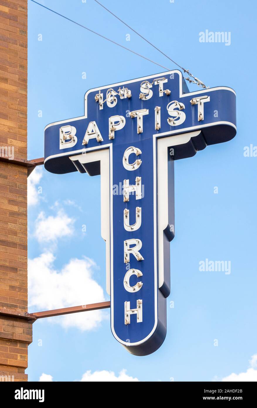 neon sign outside the 16th street baptist church where Martin Luther ...