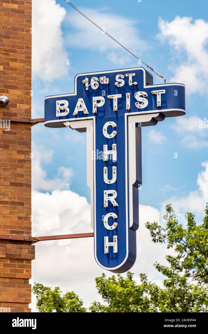neon sign outside the 16th street baptist church where Martin Luther ...