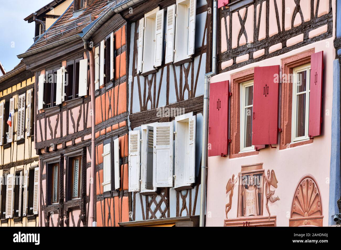 View with colorful traditional half timbered houses in Colmar, France ...