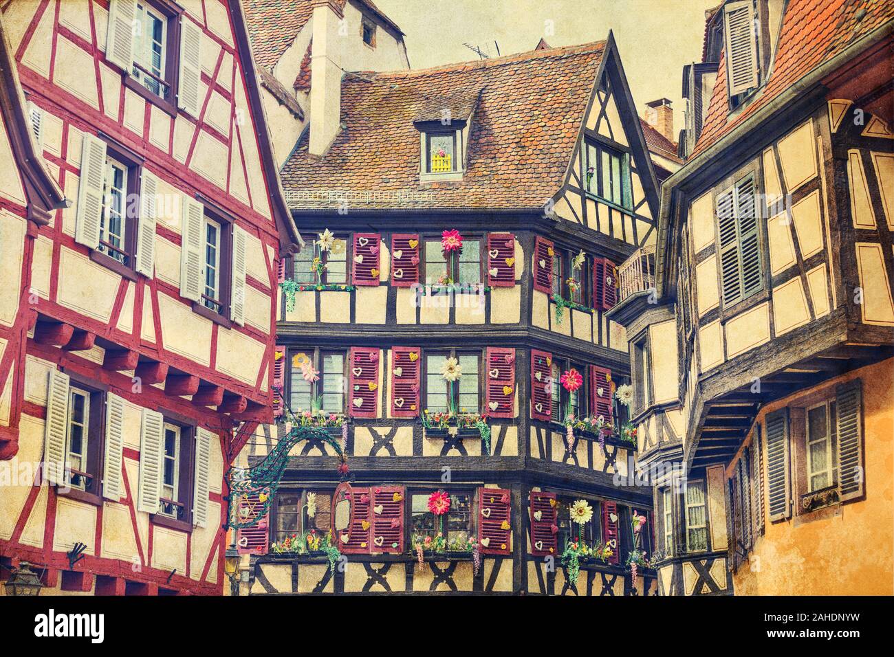 View with colorful traditional half timbered houses in Colmar, France ...