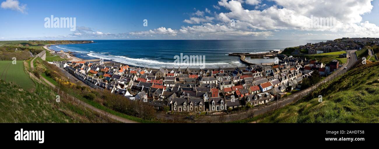 Panoramic daytime view in Spring of Cullen village looking out to sea ...