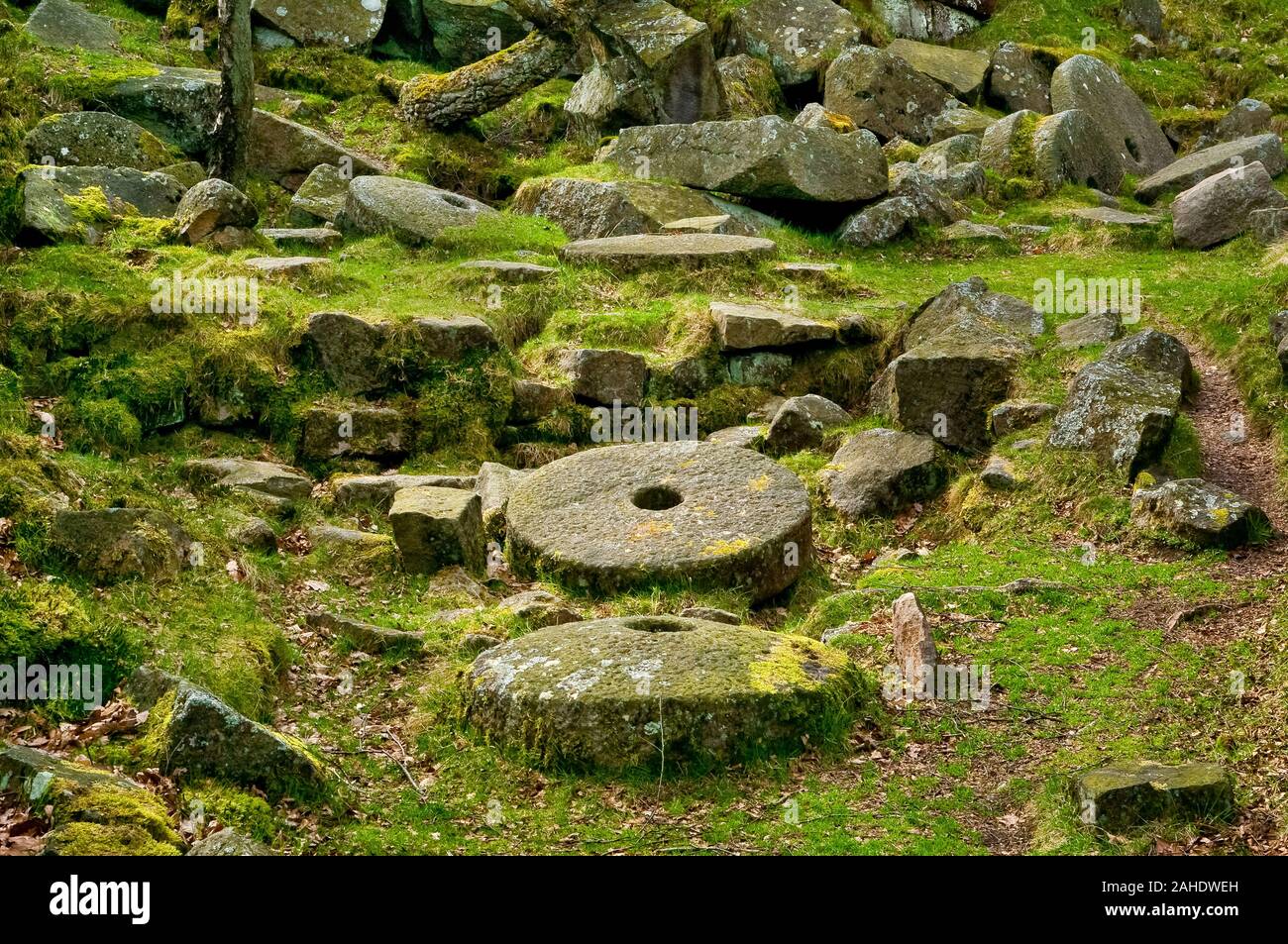 Abandoned completed millstones stacked at a small quarry in Lawrence ...