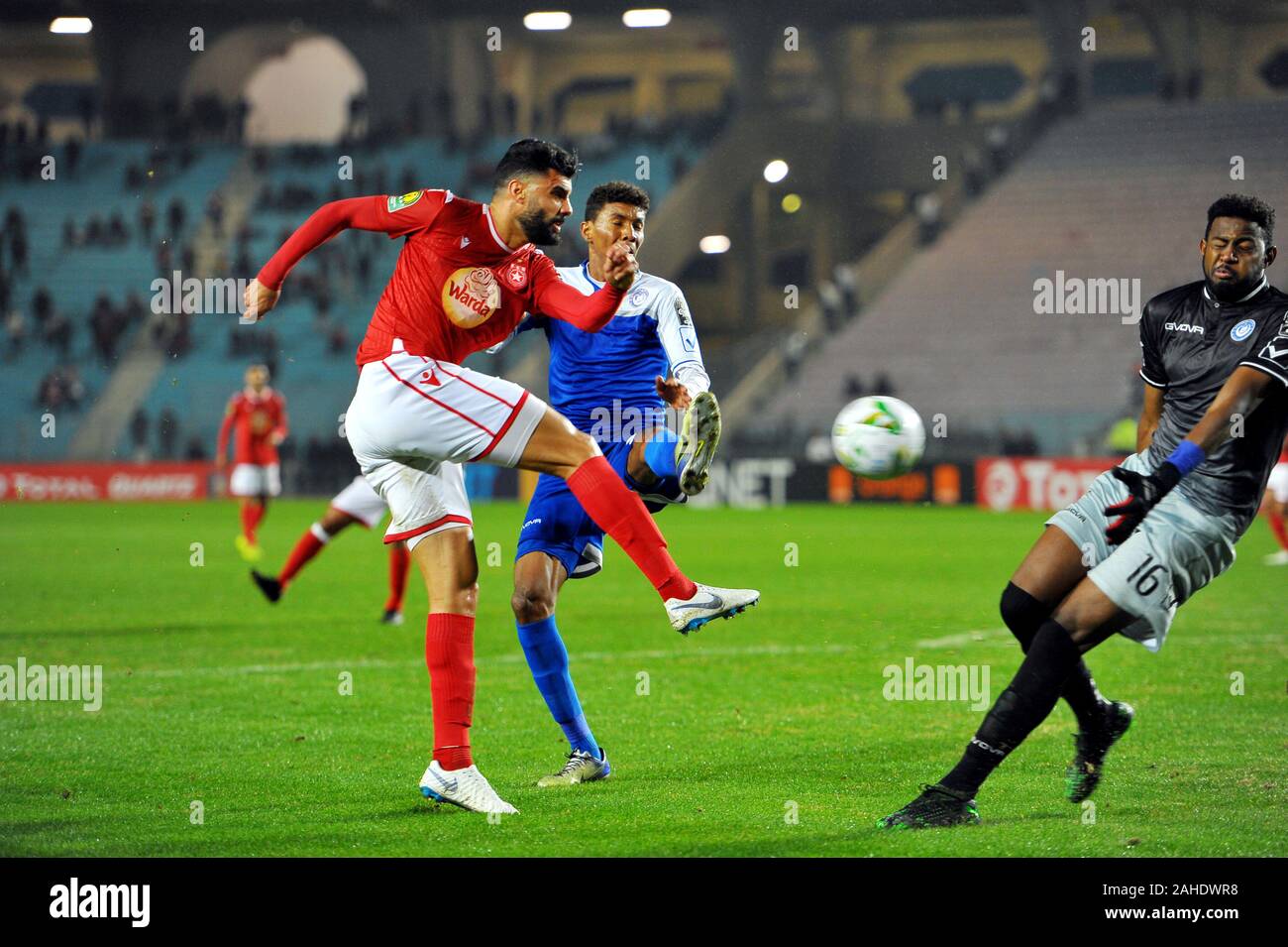 Rades, Tunis. 28th Dec, 2019. Zied Bougattas(15) of ESS and Salim ...