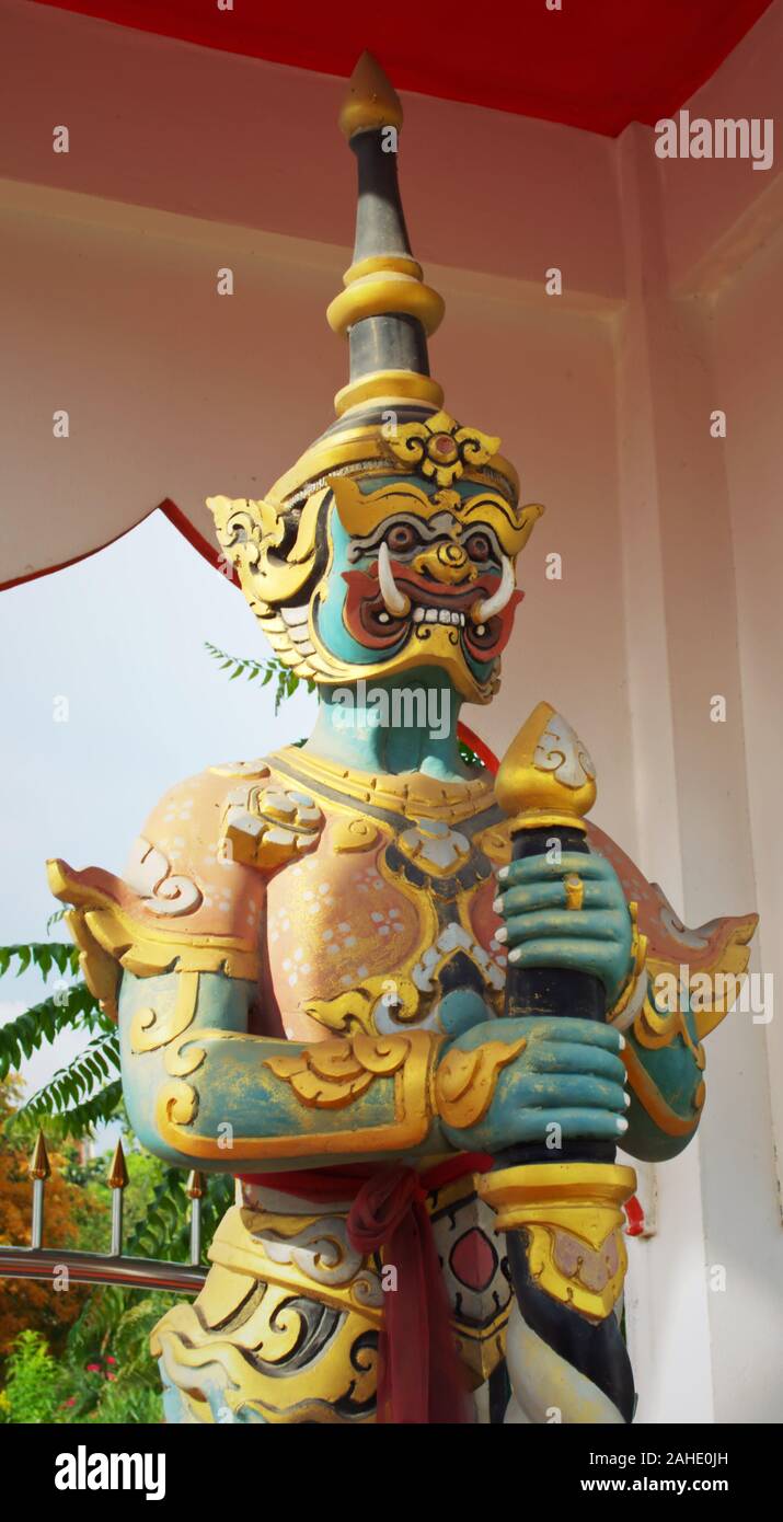 Demon guard at the buddhist temple of Wat Suwankiriket, in Phuket ...
