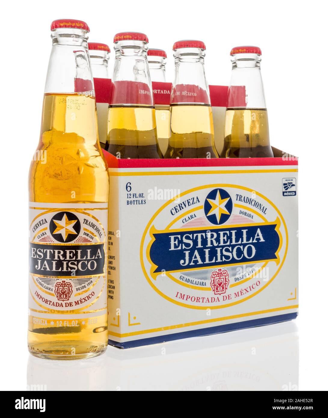 Winneconne, WI - 28 December 2019 : A six pack of Estrella Jalisco beer ...