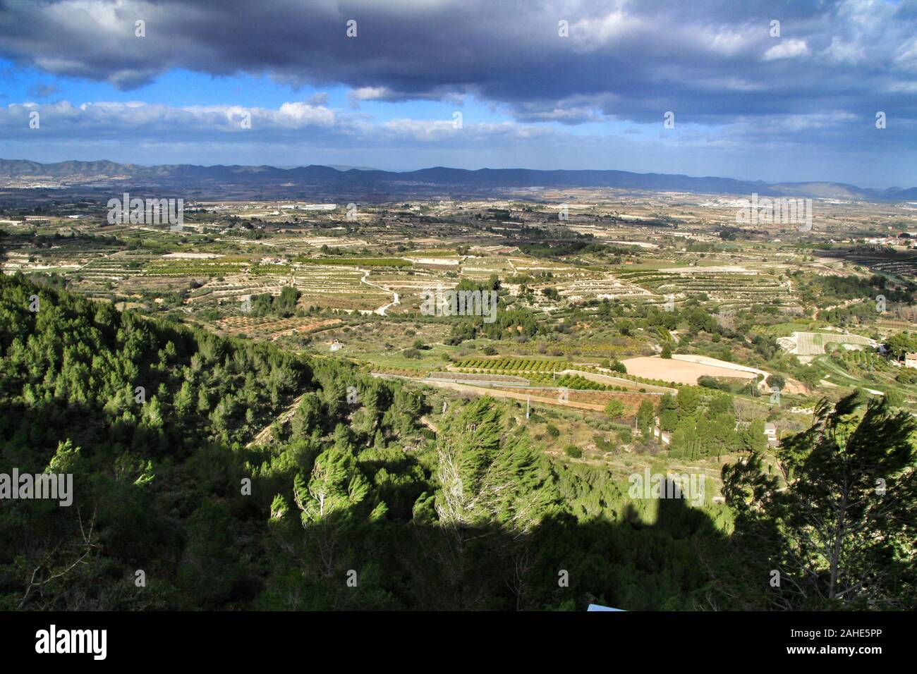Panoramic view of the Albaida Valley from the top of the mountain in ...