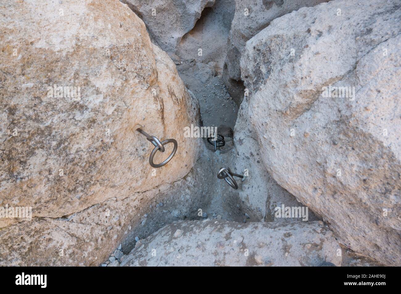 Steel rings used as an aid to climb the rocks on the Ring Loop Trail in ...
