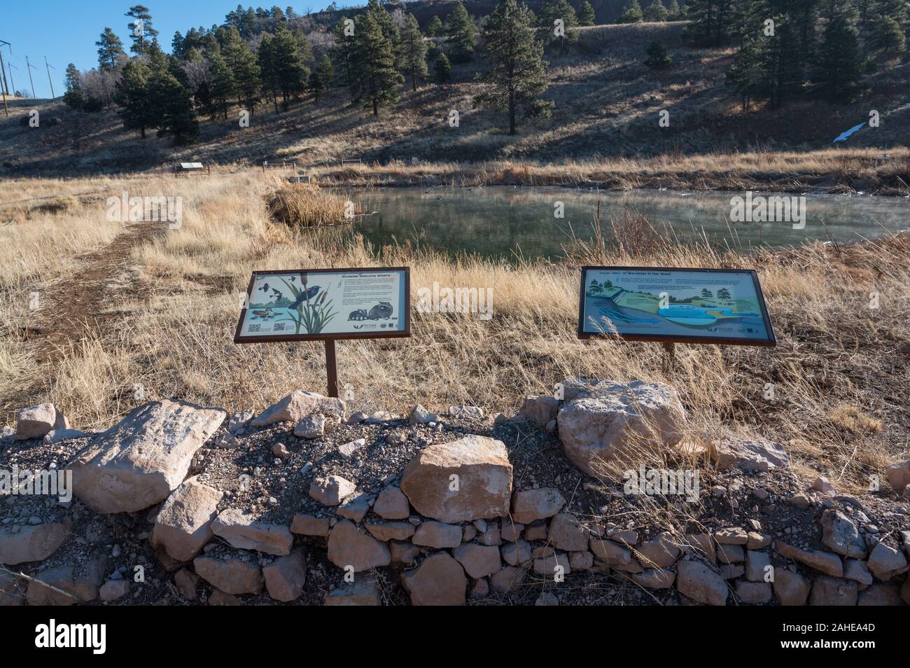 Information signs at pond with reclaimed water in Picture Canyon ...