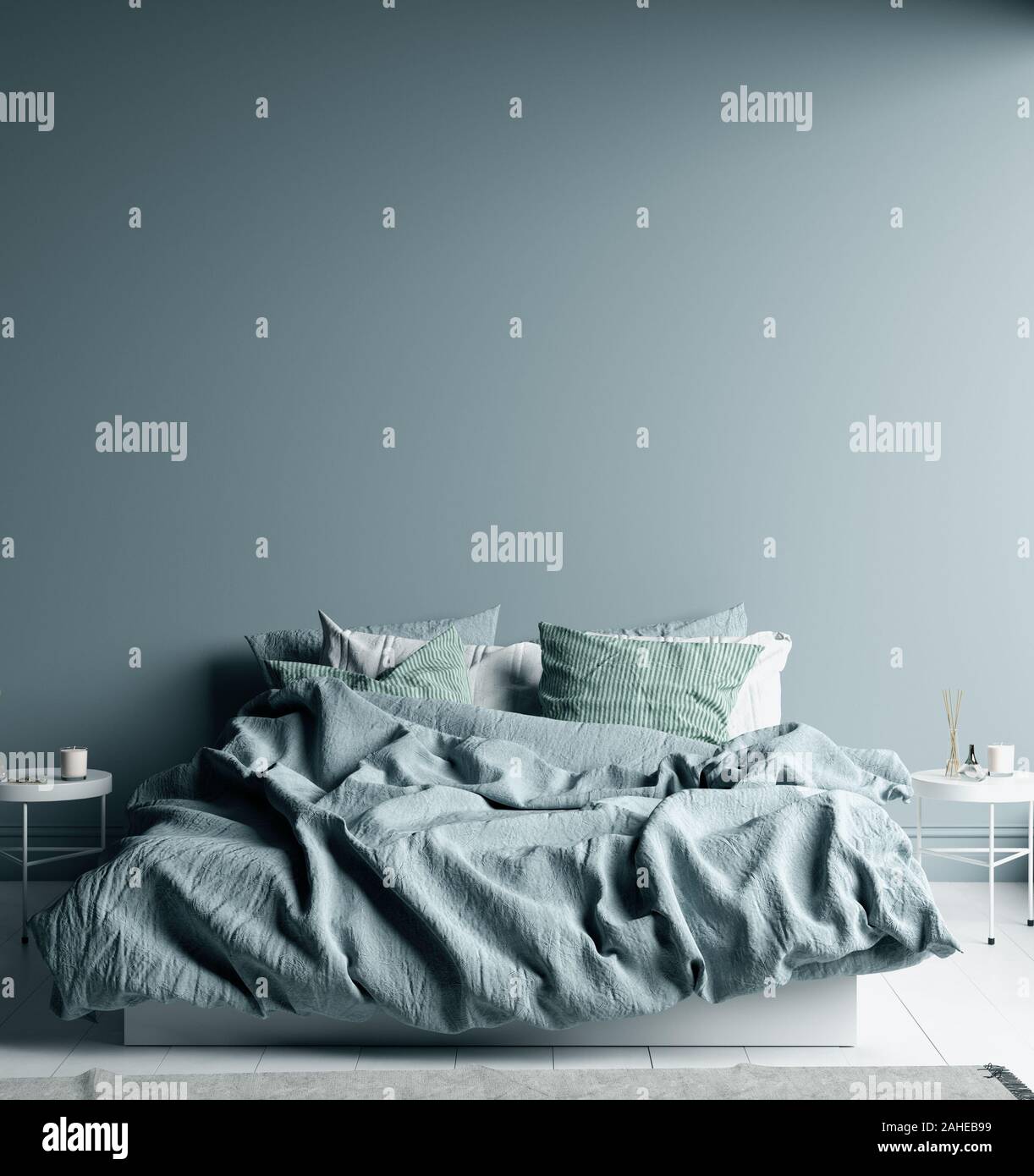 Dark cold blue bedroom interior with linen sheet on bed, wall mock up ...