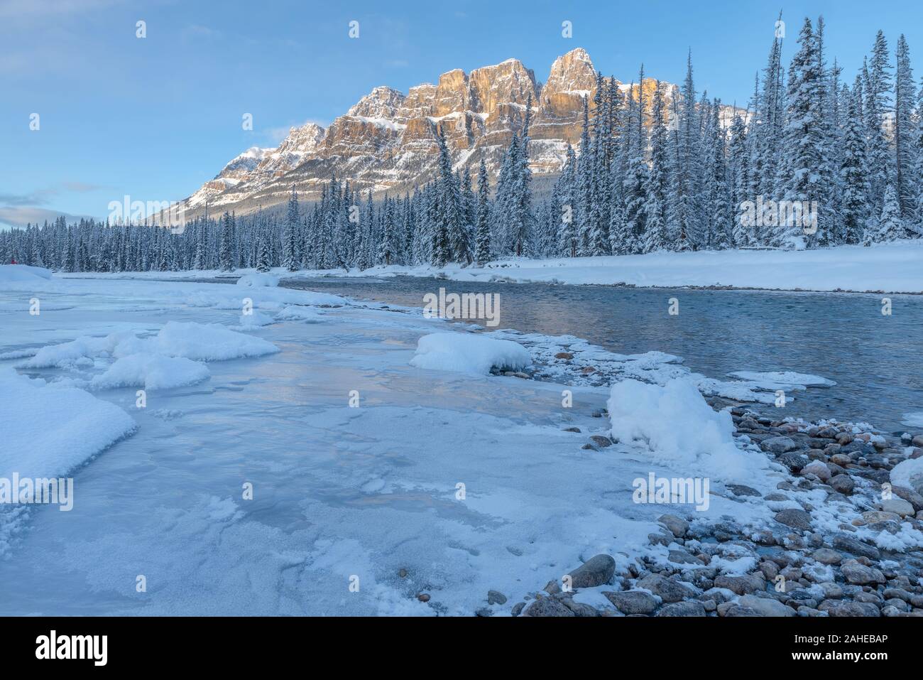 Castle Mountain and Bow River at Castle Junction in Banff National Park ...
