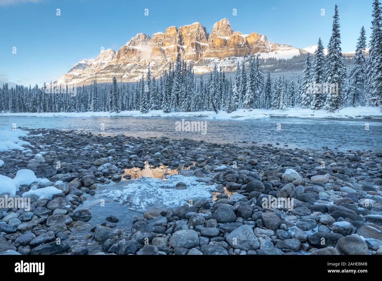 Castle Mountain and Bow River at Castle Junction in Banff National Park, Alberta, Canada Stock ...