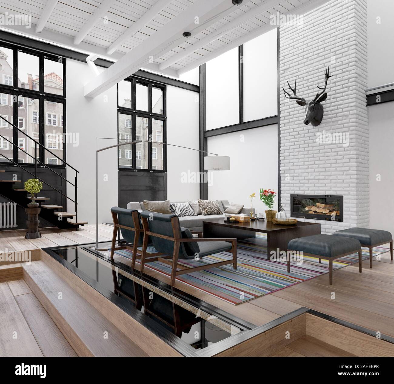 Living room in loft apartment, 3d render Stock Photo - Alamy