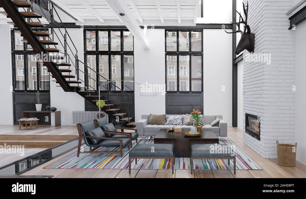 Living room in loft apartment, 3d render Stock Photo - Alamy