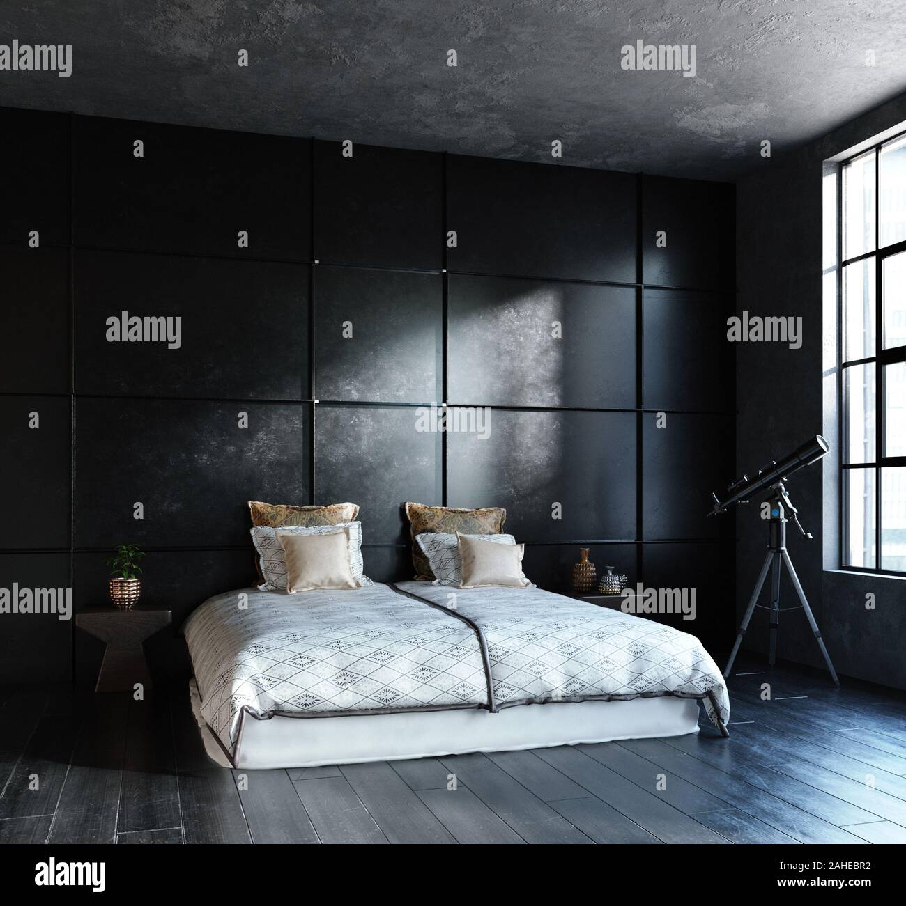 Black bedroom in loft, industrial style, 3d render Stock Photo - Alamy