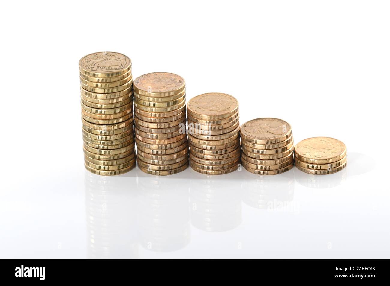 A stack of Australian one dollar gold coins set against a white ...