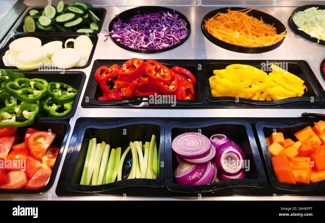 Salad bar with fresh vegetables Stock Photo - Alamy