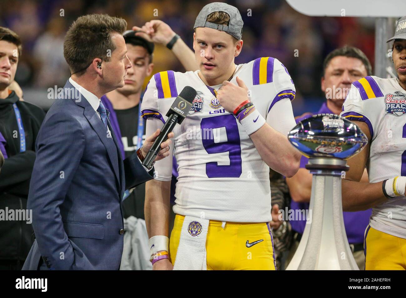 Atlanta, GA, USA. 28th Dec, 2019. LSU Offensive MVP Joe Burrow (9) is ...