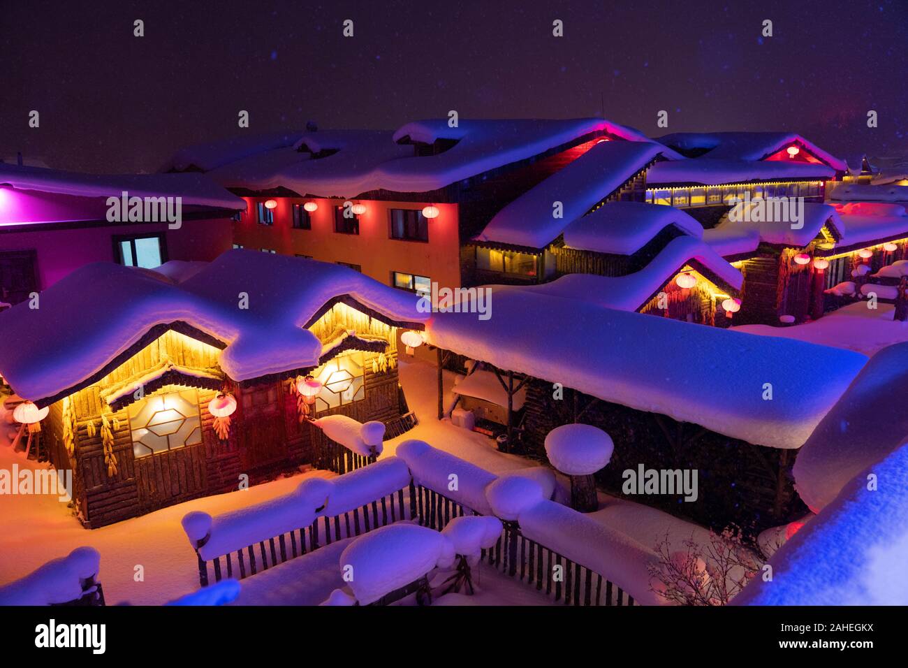Night View of China's Snow Town in Winter Stock Photo - Alamy