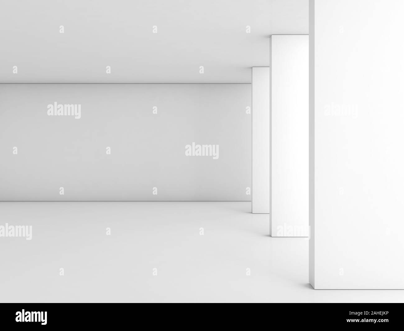 Abstract empty white hall interior with columns near light window ...